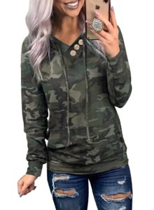 dokotoo ladies's casual camo hoodies long sleeve sweatshirt drawstring v-neck pullover loose tops shirts with kangroo pocket 2024 fashion fall hooded sweatshirt green large