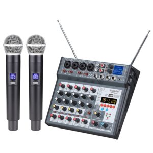 bomge 6 channel audio dj console mixer with dua uhf wireless microphone,usb, bluetooth, 48v phantom,16 echo/delay for home studio recording dj network live karaoke pc guitar