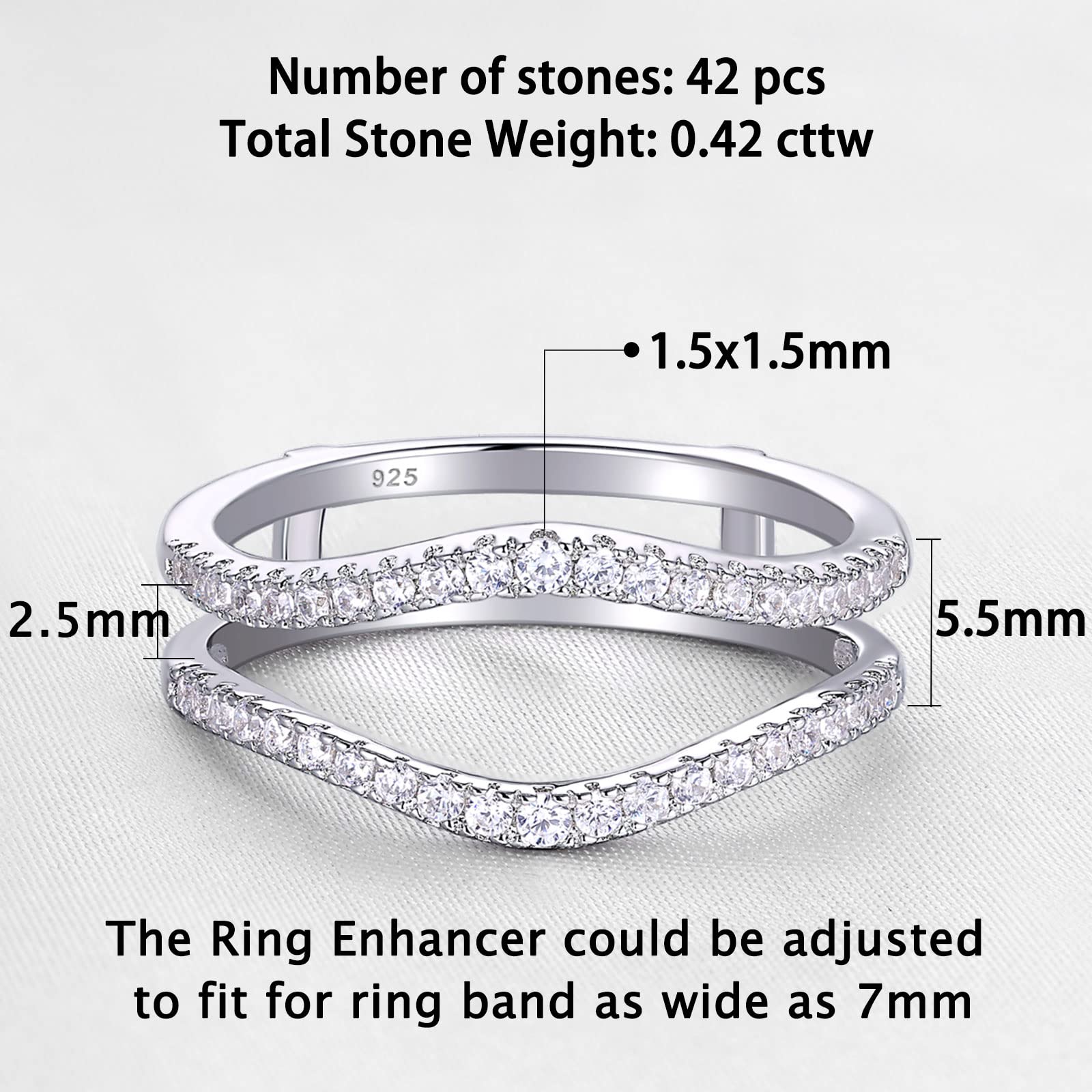 Newshe Cubic Zirconia Curved Wedding Bands for Women Ring Enhancer Guard for Engagement Rings 925 Sterling Silver Size 7