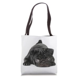 cute black pug puppy portrait beautiful dog love pug mom dad tote bag