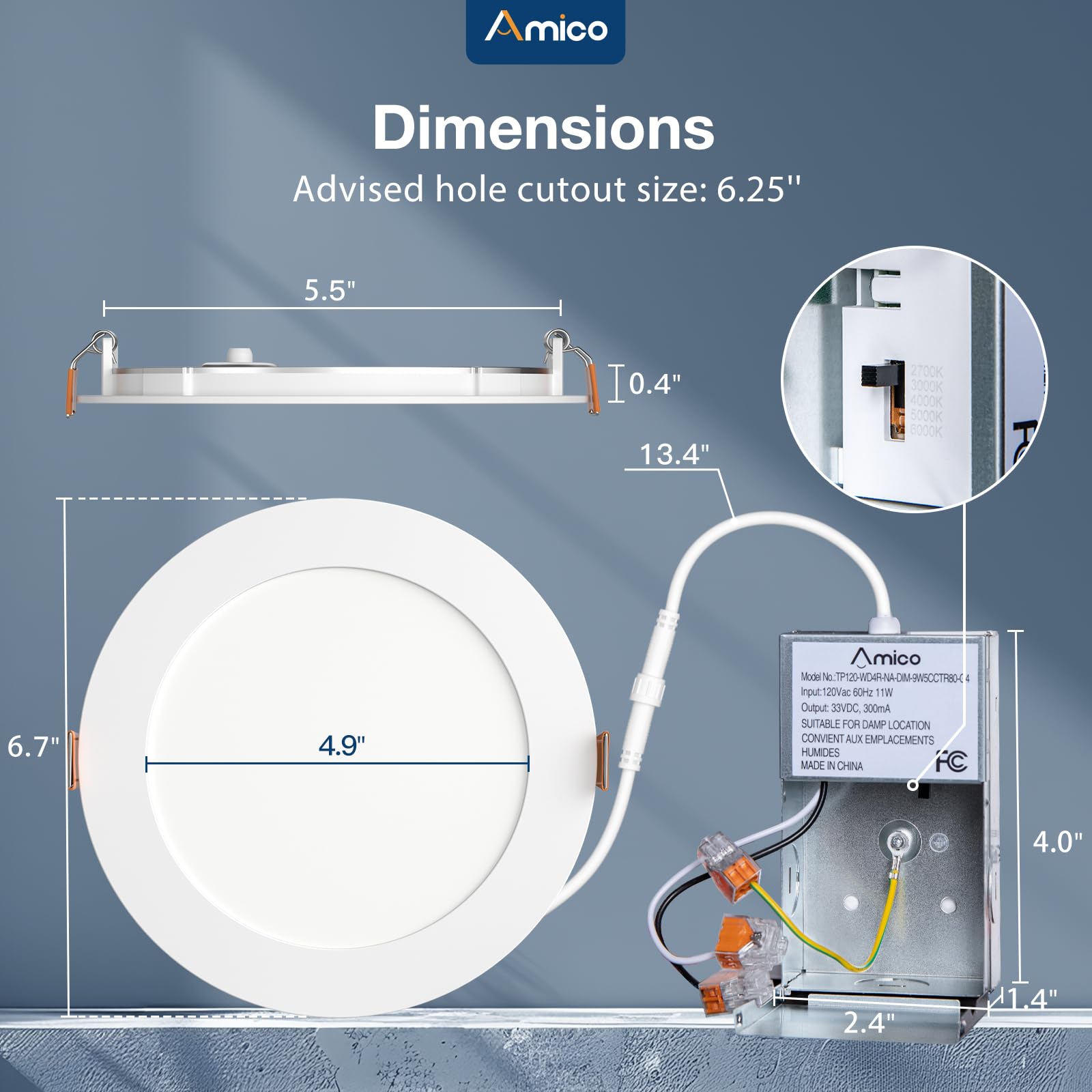 Amico 16 Pack 6 Inch 5CCT Ultra-Thin LED Recessed Ceiling Light with Junction Box, 2700K/3000K/4000K/5000K/6000K Selectable, Dimmable Can Light, 1200LM High Brightness Downlight,15W Eqv 130W,ETL