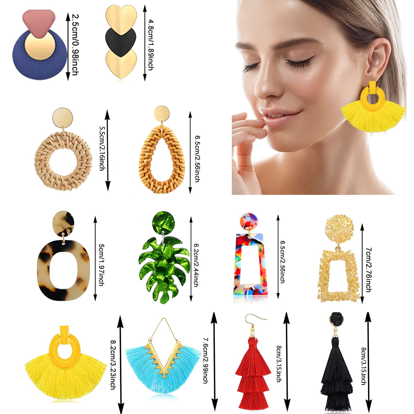 Honsny Boho Tassel Earrings for Women, Rattan Earrings Resin Acrylic Earrings Fashion Geometric Hoop Woven Bohemian Fun Earring Drop Dangle Statement Big Earrings Set