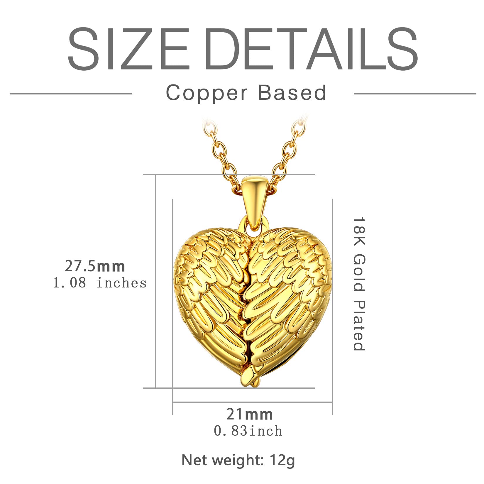 SILVERCUTE Heart Locket Necklace with 2 Photos Customized 18K Gold Plated Angel Wing Lockets Pendant Personalized Picture Jewelry for Women