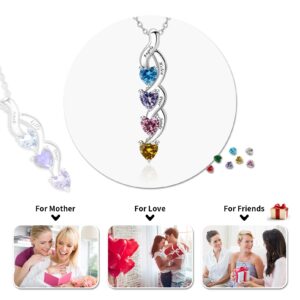 MissNaNa 925 Sterling Silver Personalized Mothers Necklace with Simulated Birthstones Engraved 1-6 Names Custom Love Heart Pendant Family Necklace for Women Mother Grandma Wife