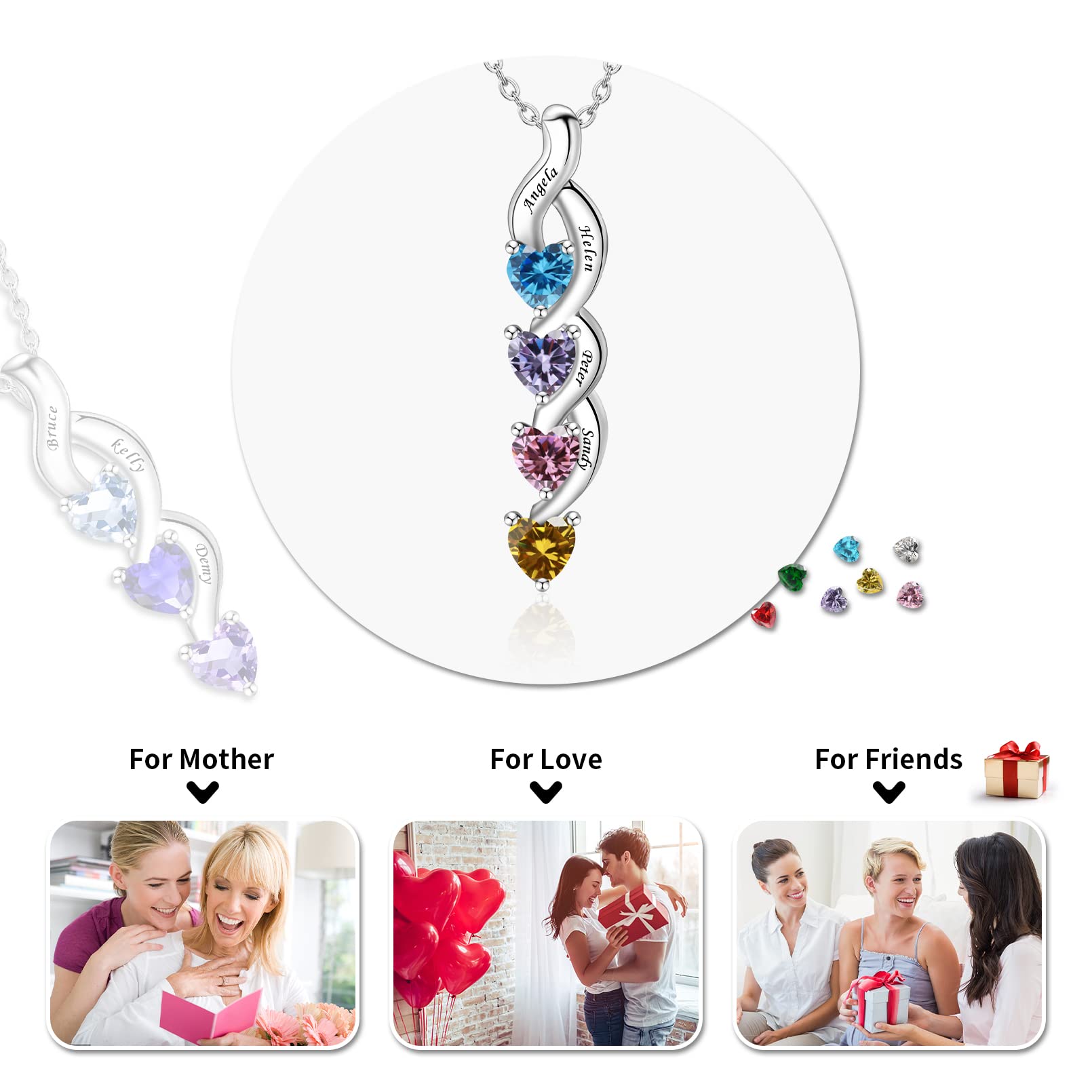 MissNaNa 925 Sterling Silver Personalized Mothers Necklace with Simulated Birthstones Engraved 1-6 Names Custom Love Heart Pendant Family Necklace for Women Mother Grandma Wife