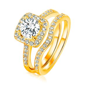 18k gold plated two-in-one wedding engagement eternity rings halo cubic zirconia bridal rings set 7