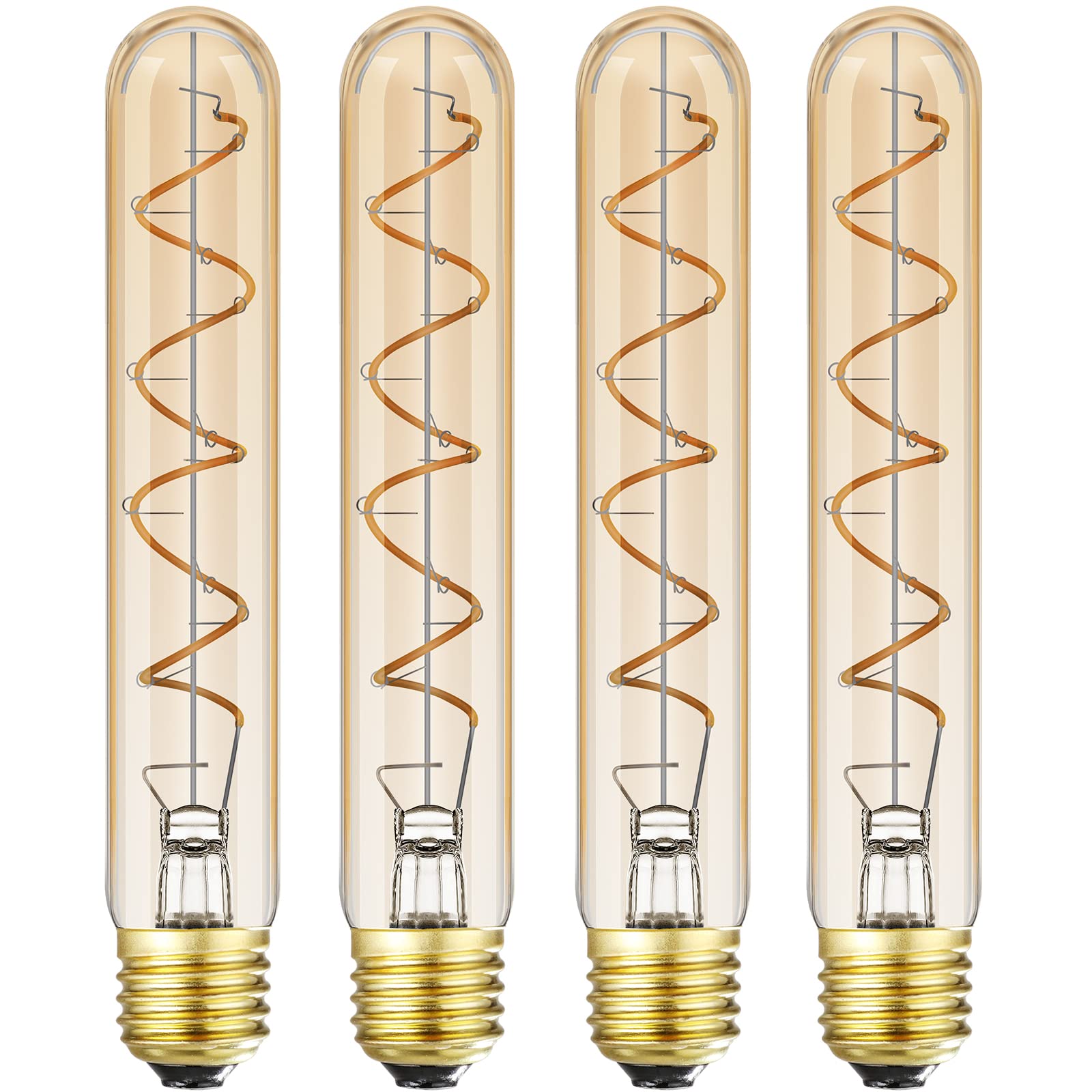 Dimmable T10 LED Bulbs, Warm White 2200K Amber, 7.3inch Long Tubular Light Bulb, 40 Watt Vintage Edison LED Filament Bulb,400lm,E26 Base Led Tube Bulb,Amber Glass,Pack of 4