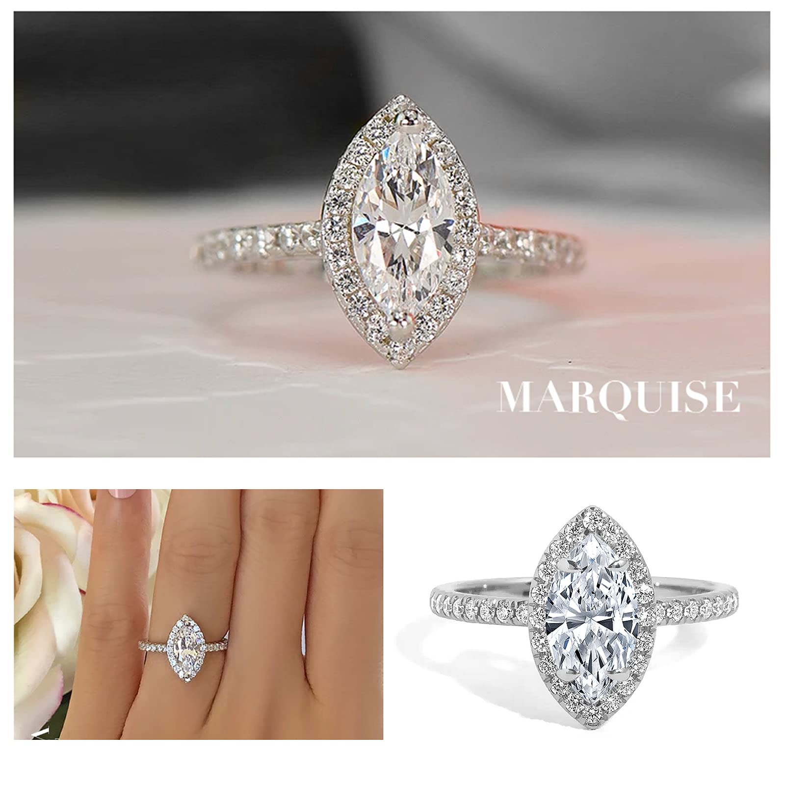 WSX Real Gold 2ct Marquise Engagement Rings Moissanite Halo Rings Wedding Promise Rings for Women Eternal Proposal