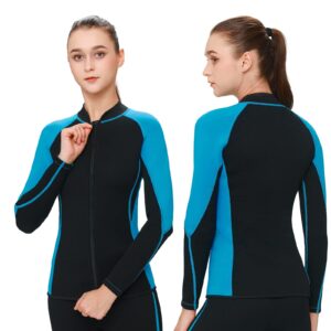 flexel women's wetsuit jacket,2mm neoprene wetsuit tops with long sleeves for women cold water girls front zip diving tops (2mm black blue, 2x-large)