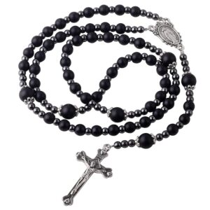 hanlincc 6mm black glass beads with 4mm hematite black stone beads rosary necklace with miraculous center piece and crucifix pack in velvet gift bag for men and women