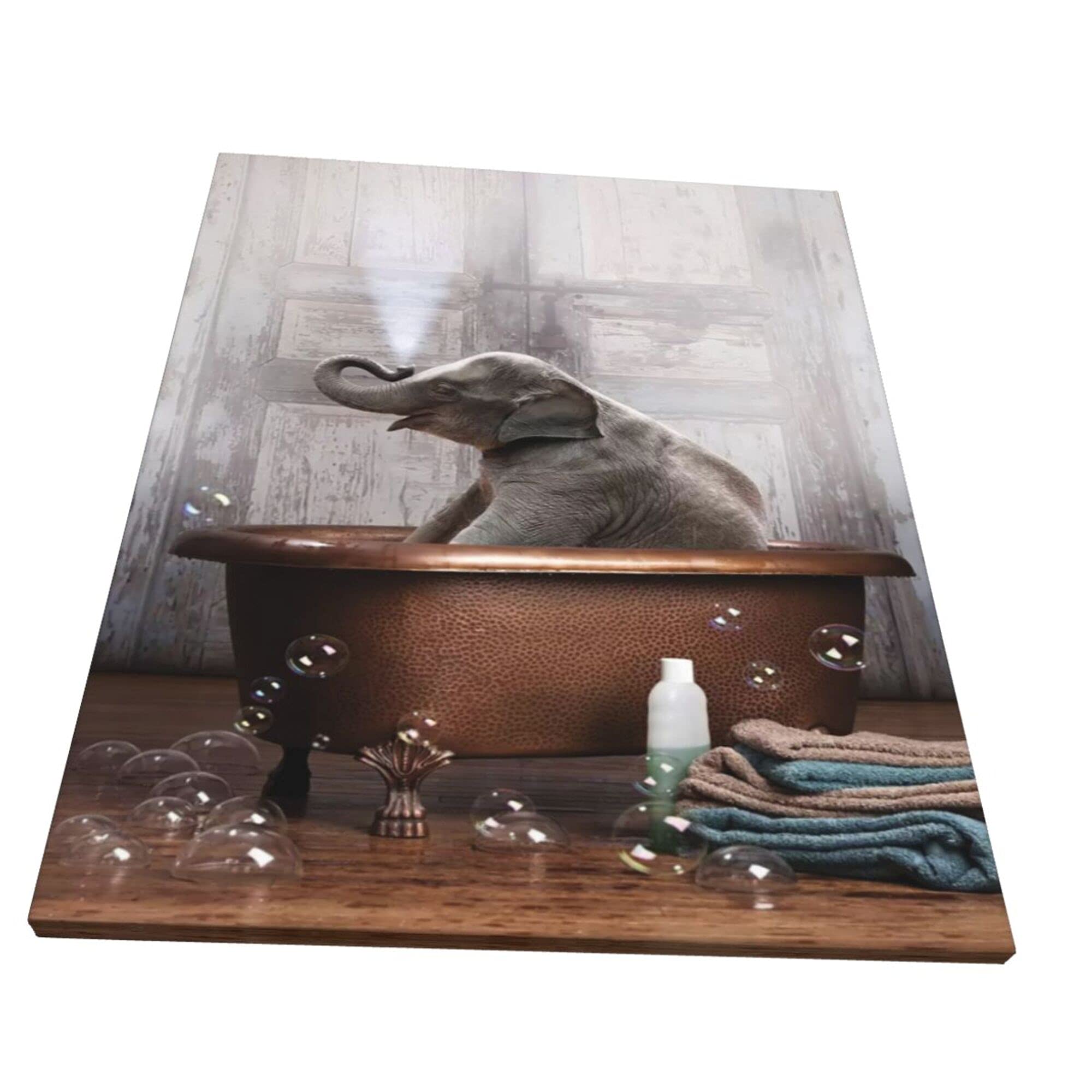 XeGe QAXme Bathroom Wall Art Funny Animals Elephant In The Tub Canvas Print Contemporary Painting Bathtub Wall Home Decor For Bathroom, Ready To Hang(Framed 16x20 Inchs)