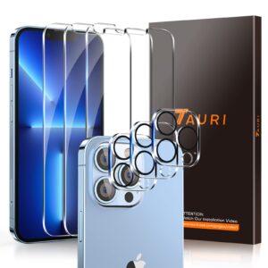 tauri 3 + 3 pack designed for iphone 13 pro camera lens protector, 3 pack tempered glass screen protector, 9h hardness case friendly easy installation kit, 6.1 inch