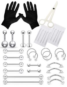 heienngy piercing kit stainless steel eyebrow rings,horseshoe ring,industrial piercing jewelry,belly button ring,lip rings,earrings,nipple rings,tongue rings for women men 14g 16g piercing needles