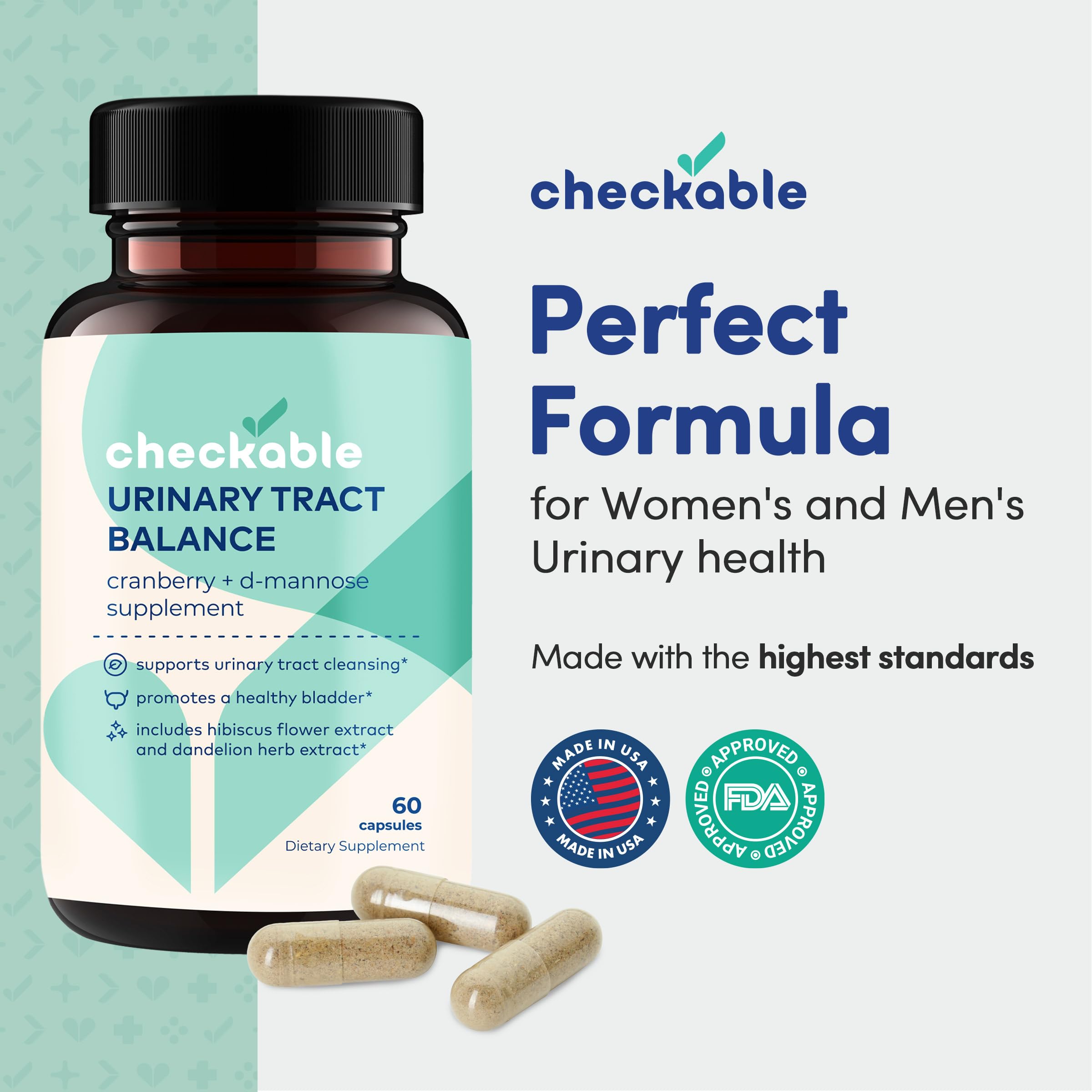 Checkable Bladder Control Supplements with D-Mannose, Cranberry, Hibiscus, and Dandelion - Urinary Tract Infection Treatment for Women and Men, 60 Cap