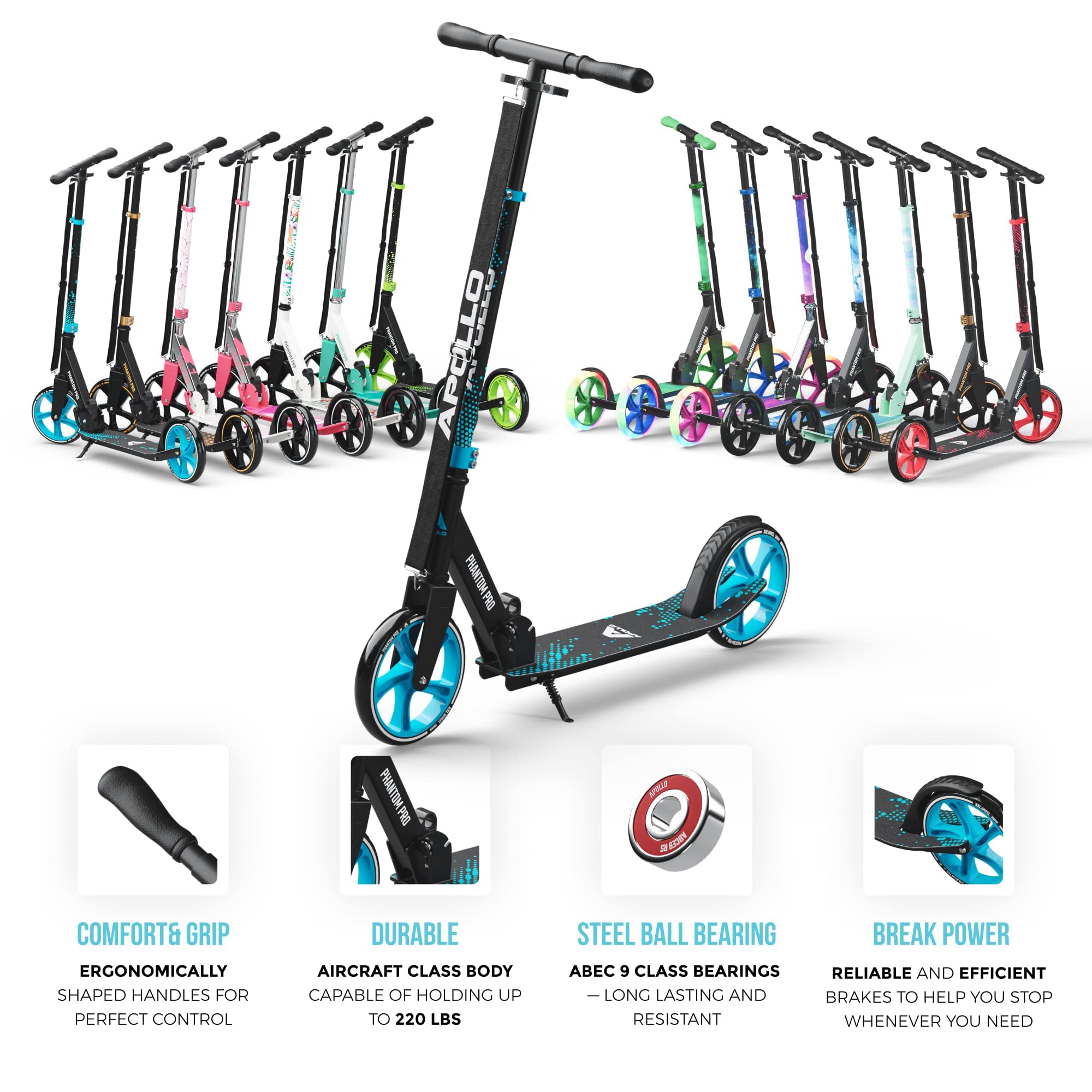 APOLLO Non-Electric Adult Scooter - Manual Folding Kick Scooter for Adults, Teens & Kids Ages 6 Years and up with Big Wheels (XXL), Foldable Kick Scooters, Scooter for Adults 220 lbs (Blue)