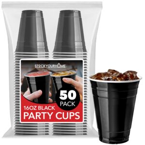 stock your home black plastic cups disposable, 16oz (50 count) heavy-duty, large party cup pack bulk pack for drinking punch, soda, wine, beer, 4th of july, halloween