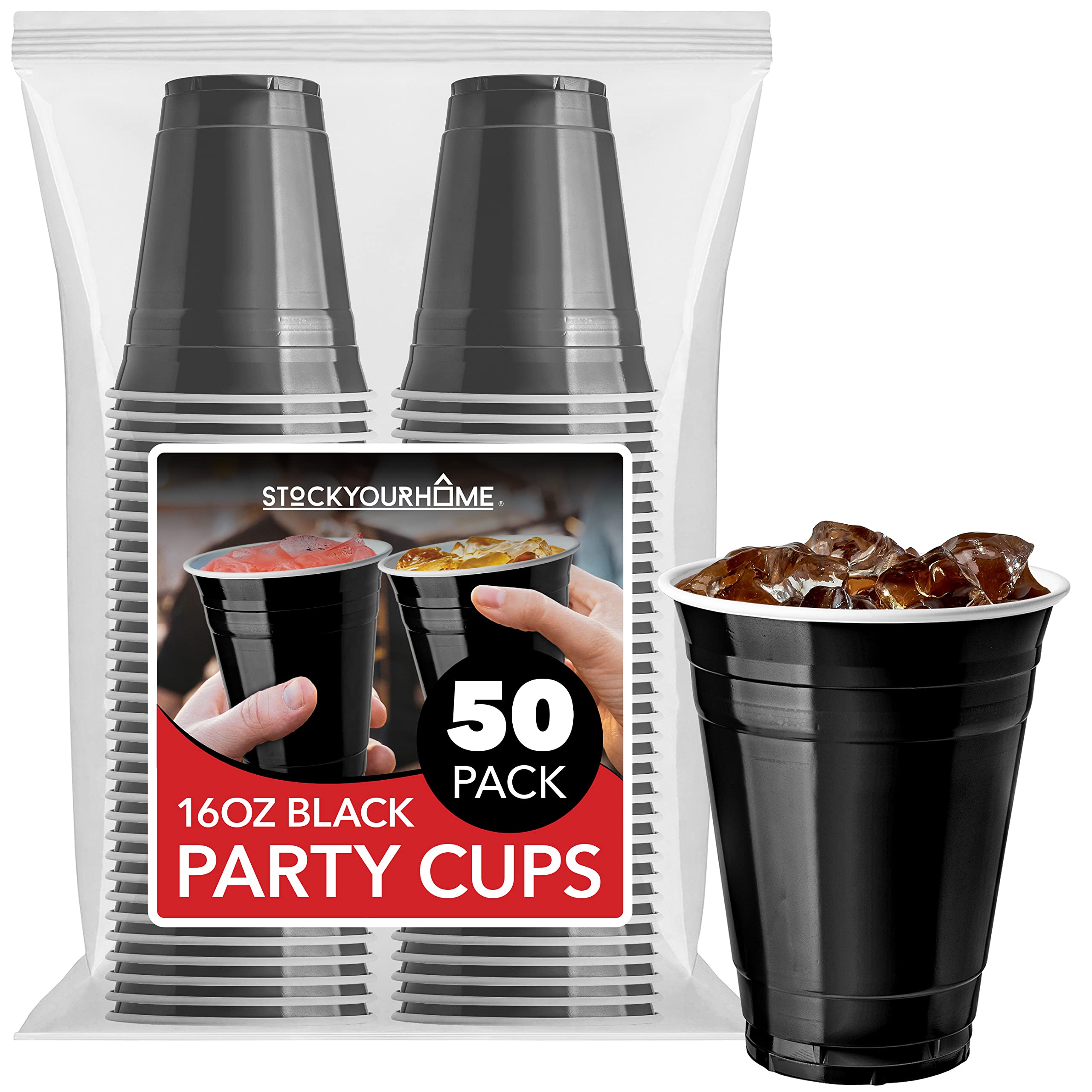 Stock Your Home Black Plastic Cups Disposable, 16oz (50 Count) Heavy-Duty, Large Party Cup Pack Bulk Pack for Drinking Punch, Soda, Wine, Beer, 4th of July, Halloween