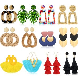 honsny boho tassel earrings for women, rattan earrings resin acrylic earrings fashion geometric hoop woven bohemian fun earring drop dangle statement big earrings set