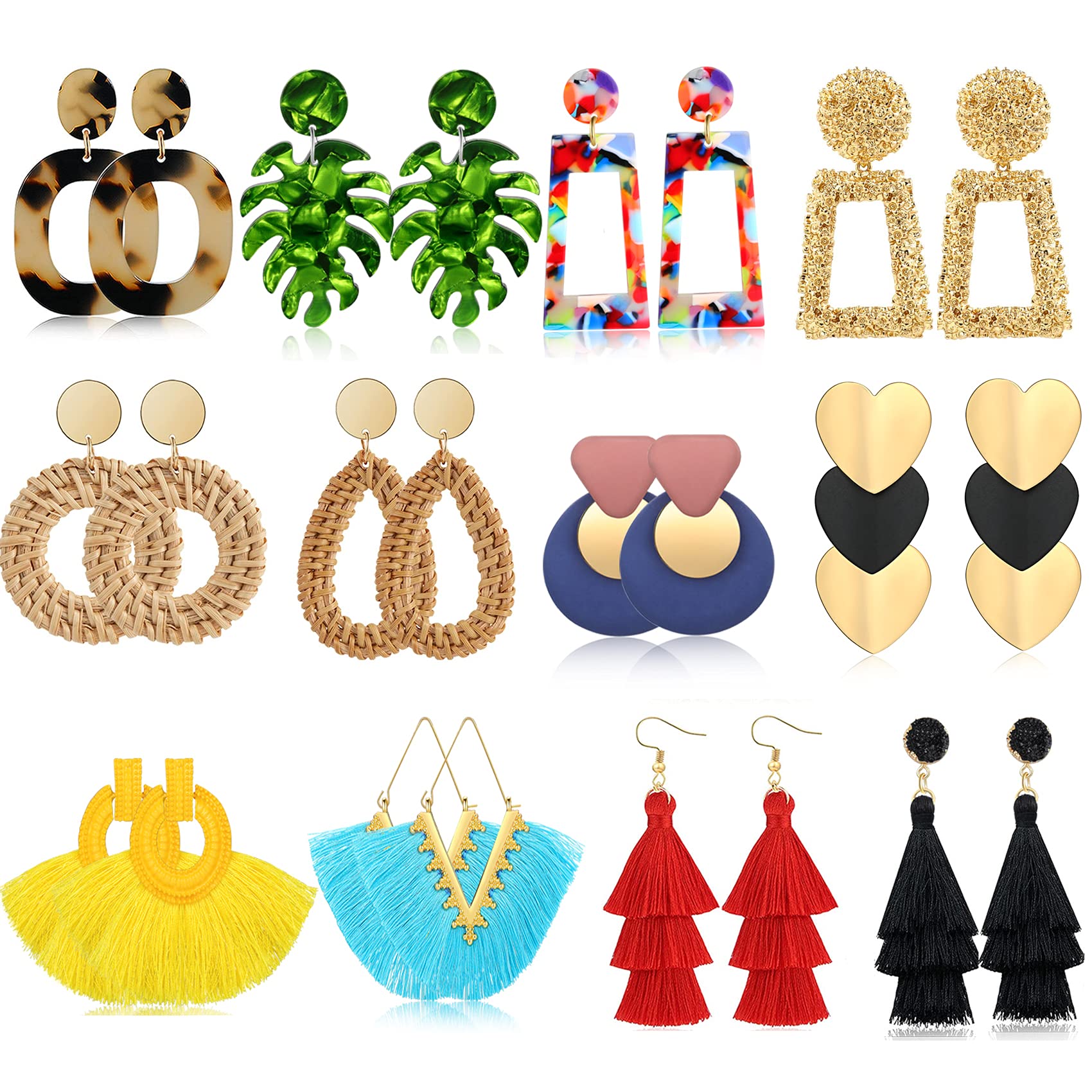 Honsny Boho Tassel Earrings for Women, Rattan Earrings Resin Acrylic Earrings Fashion Geometric Hoop Woven Bohemian Fun Earring Drop Dangle Statement Big Earrings Set