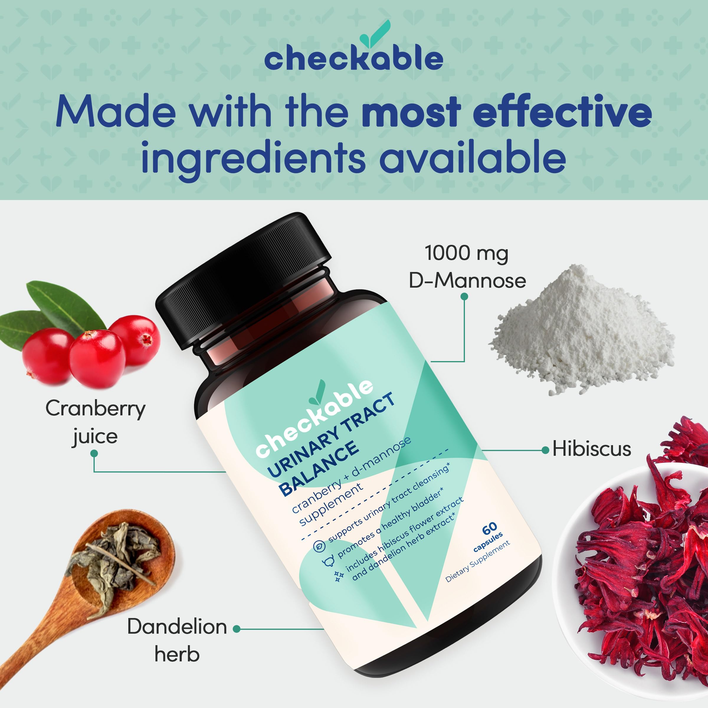 Checkable Bladder Control Supplements with D-Mannose, Cranberry, Hibiscus, and Dandelion - Urinary Tract Infection Treatment for Women and Men, 60 Cap