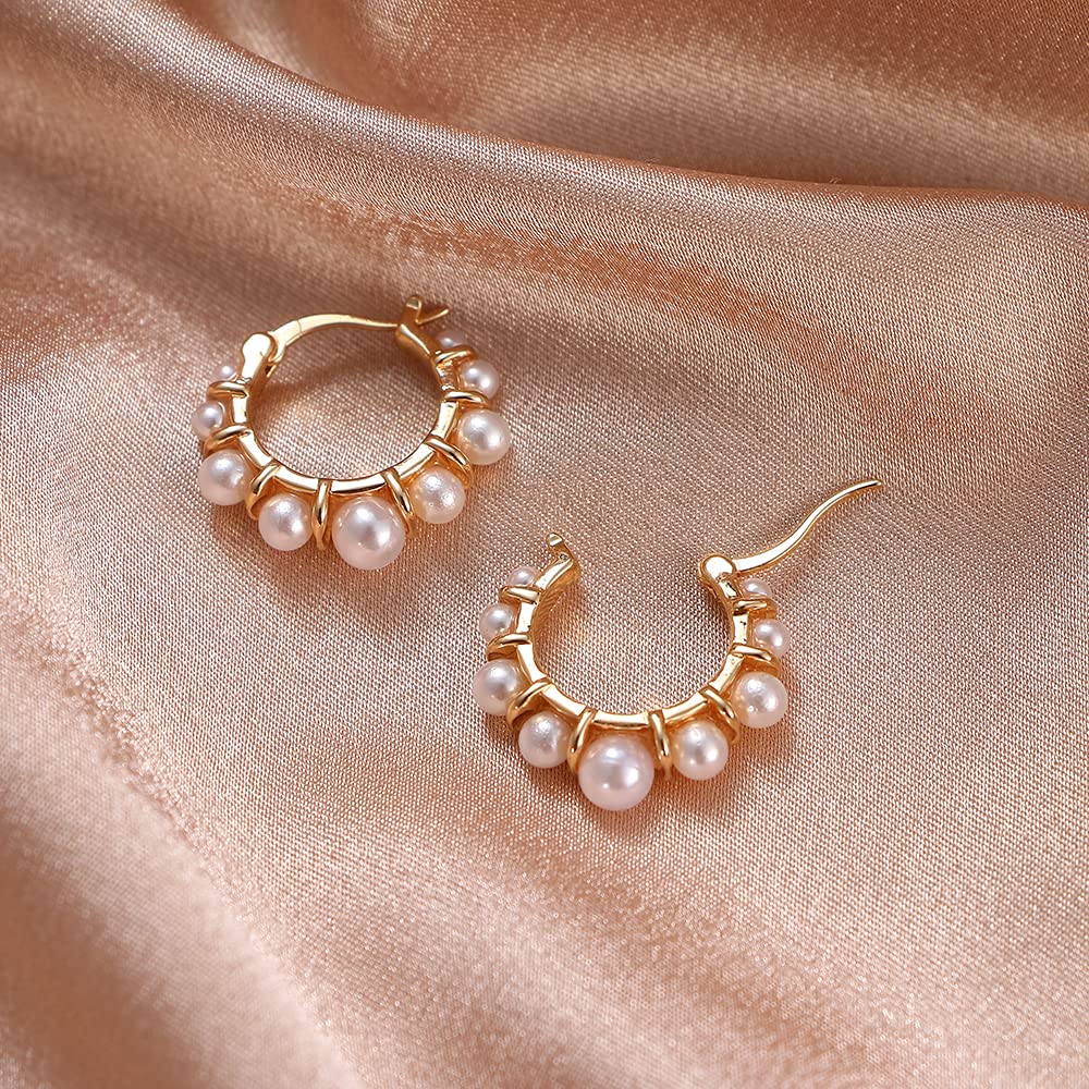 Pearl Gold Hoop Earrings for Women, 14K Plated Gold Hoop Earrings Lightweight Faux Pearl Earrings Dainty Beaded Hoops for Girls