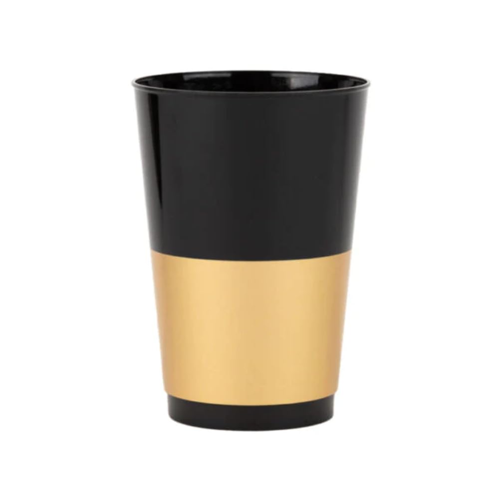 [12 Oz - 10 pk Black-Gold] Black Plastic With Gold Band Goblets Wine Glasses BPA Free 12 Oz Disposable Elegant Drink Cups for Parties Wedding Receptions Reusable Tumblers for EZ CleanUp 10 Pack