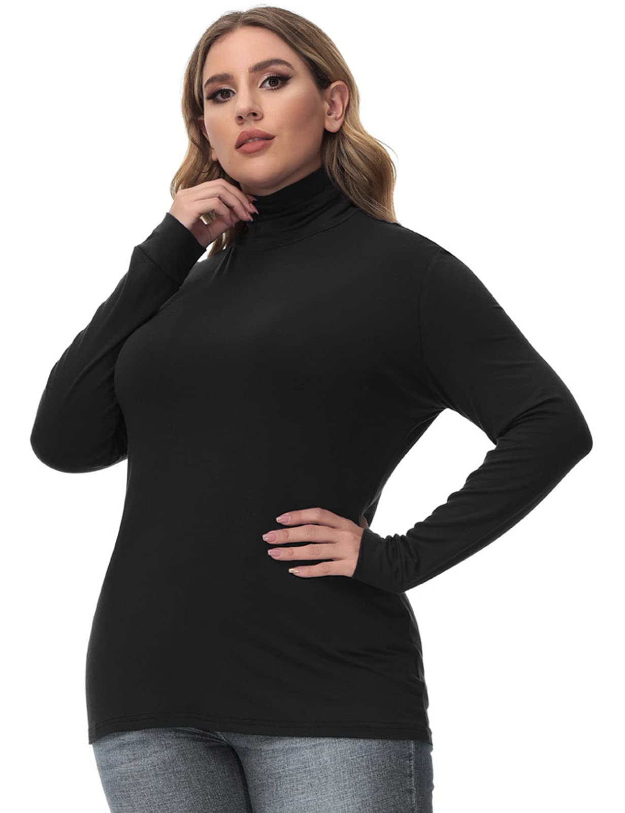 Hanna Nikole Plus Size Black Turtleneck for Women Fitted Ultra-Soft Pullover Slim Stretchy Mock Neck Shirt Tops 22W