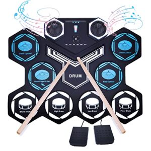 electronic drum set for adults, gimigo electronic drum pad with multicolor led digital display hand roll-up drum kit 9 silicon durm pad built-in stereo speaker bluetooth, midi for kids beginners