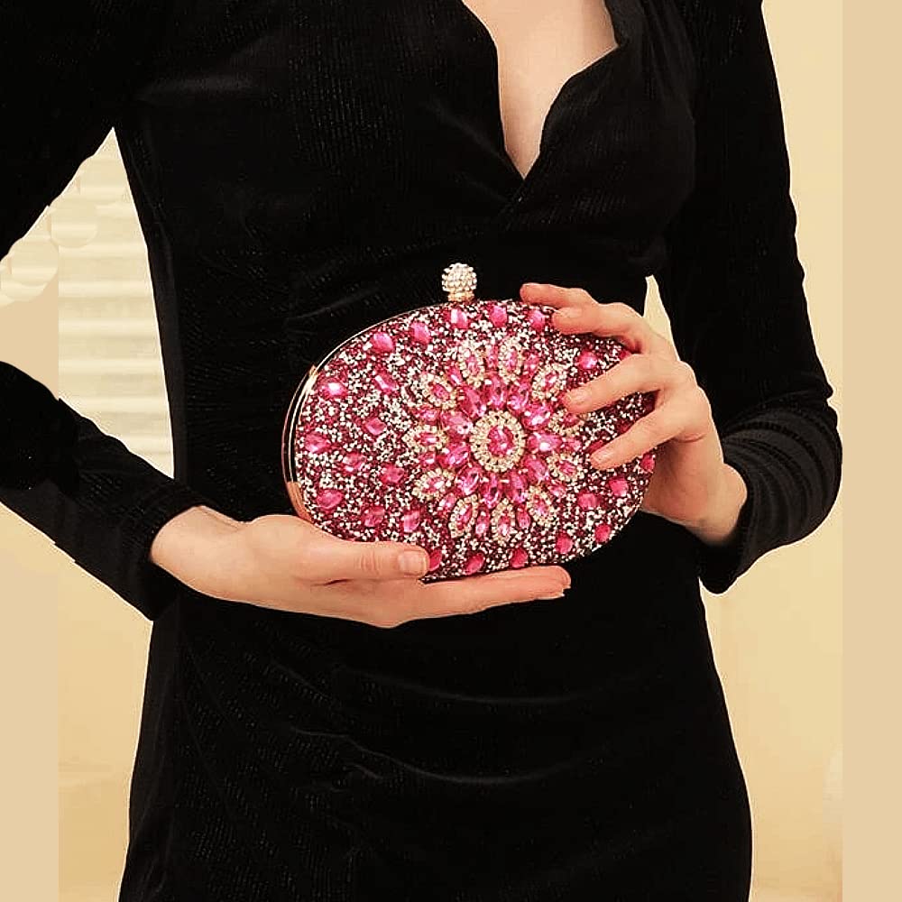 Pink Clutch Purses for Women Rhinestone Crystal Evening Bag Beaded Wedding Flower Handbag (773Fuchsia)