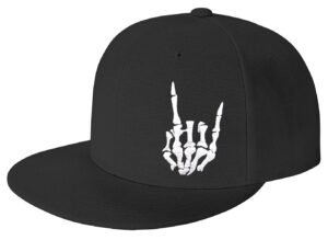 skeleton hand hat, embroidery skull finger flat brim bill baseball cap plain adjustable snapback hats black