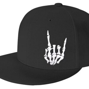 Skeleton Hand Hat, Embroidery Skull Finger Flat Brim Bill Baseball Cap Plain Adjustable Snapback Hats Black