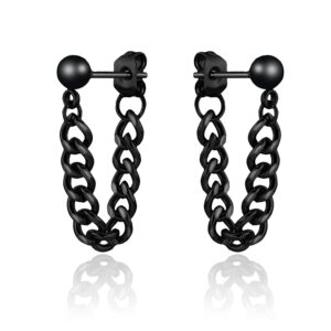 tianbangshi punk stainless steel chain earrings for women's hypoallergenic hinged huggie dangle earrings silver/black long chain earrings piercing jewelry gift (black)