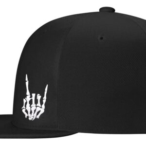 Skeleton Hand Hat, Embroidery Skull Finger Flat Brim Bill Baseball Cap Plain Adjustable Snapback Hats Black