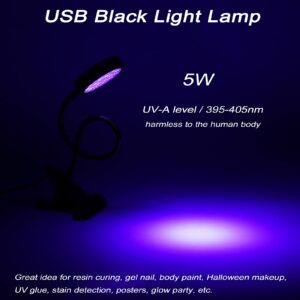 GREENIC USB Black Light Lamp, 5V 5W 395nm UV Led Blacklight with Gooseneck and Clamp for Art Resin Curing, Gel Nail, Poster, Glue, Halloween Makeup, Face Paint, Room, Bedroom, Glow Party Decorations