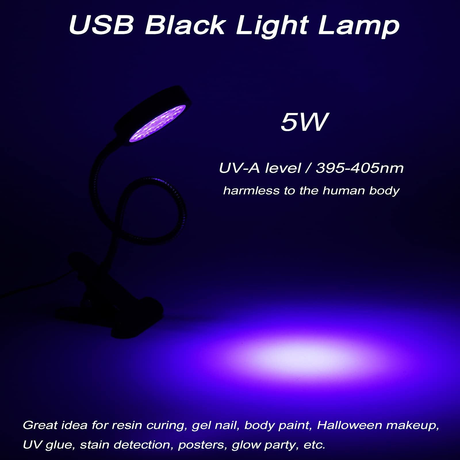 GREENIC USB Black Light Lamp, 5V 5W 395nm UV Led Blacklight with Gooseneck and Clamp for Art Resin Curing, Gel Nail, Poster, Glue, Halloween Makeup, Face Paint, Room, Bedroom, Glow Party Decorations