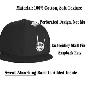 Skeleton Hand Hat, Embroidery Skull Finger Flat Brim Bill Baseball Cap Plain Adjustable Snapback Hats Black