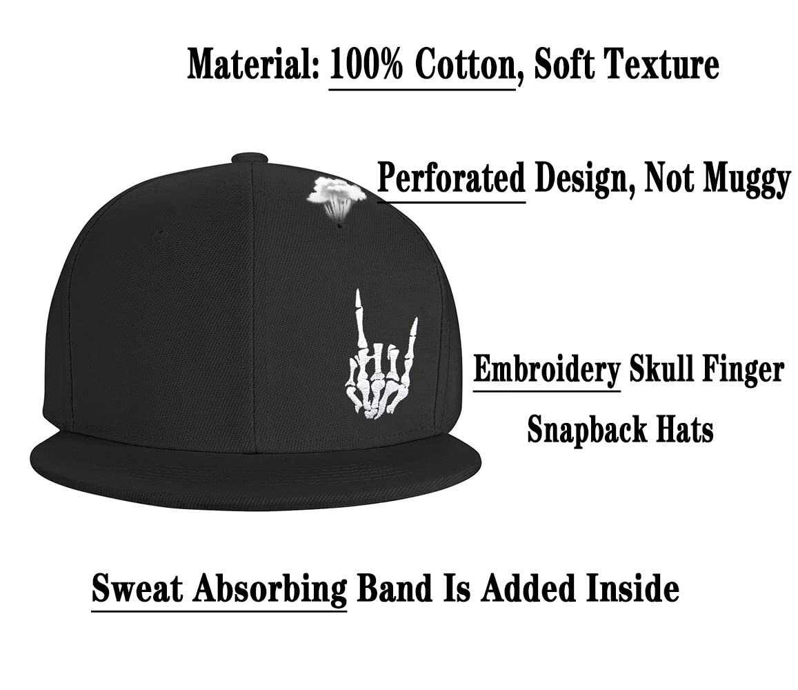 Skeleton Hand Hat, Embroidery Skull Finger Flat Brim Bill Baseball Cap Plain Adjustable Snapback Hats Black