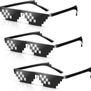 JDD 3 Pack Whole Thug Life 8 Bits Pixelated Meme Party Sunglasses Mosaic Gamer Photo Props Glasses for Men Women, Black, Large