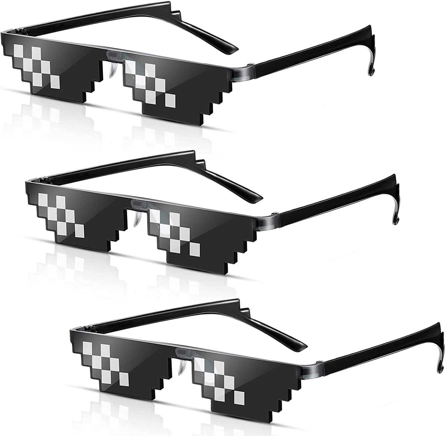 JDD 3 Pack Whole Thug Life 8 Bits Pixelated Meme Party Sunglasses Mosaic Gamer Photo Props Glasses for Men Women, Black, Large