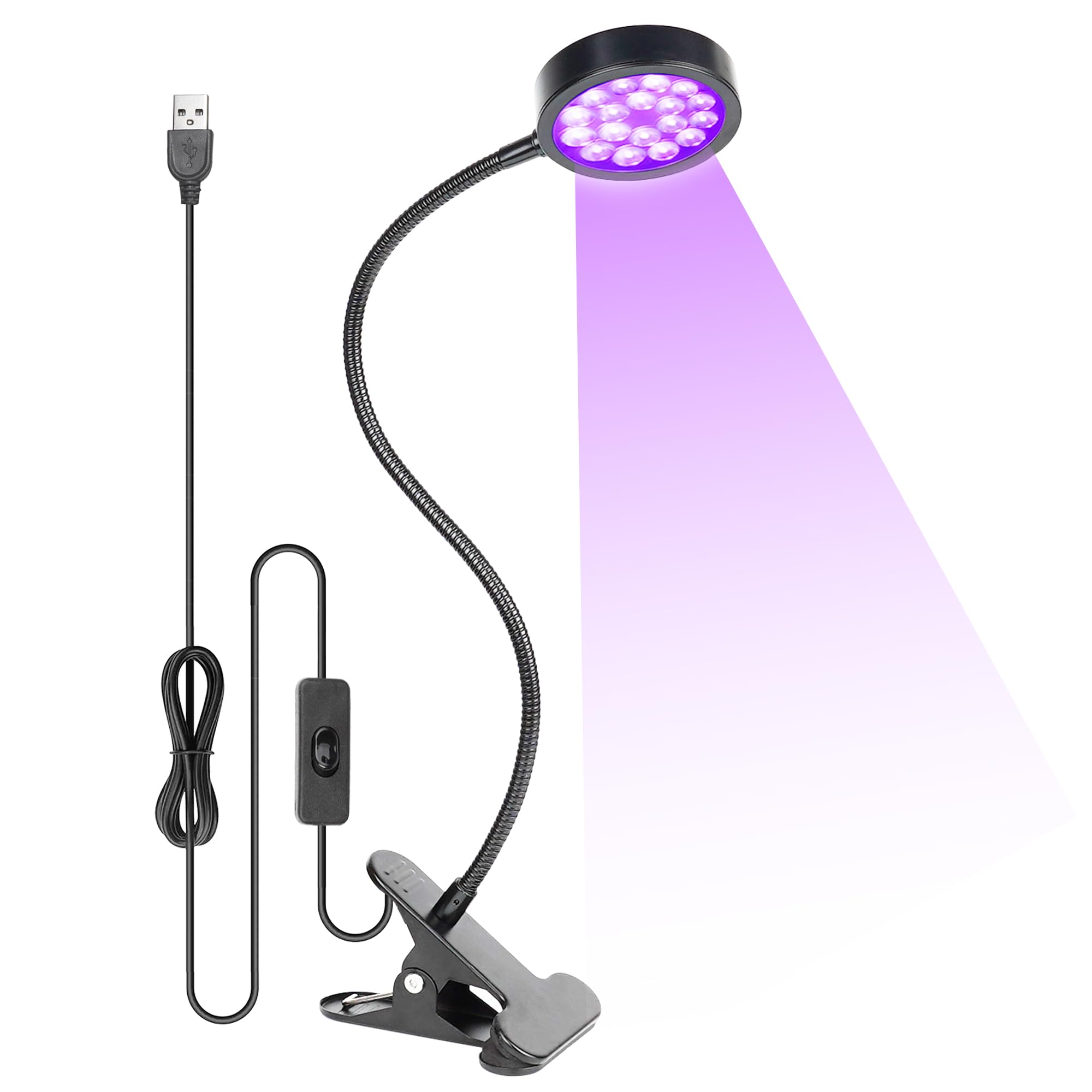 GREENIC USB Black Light Lamp, 5V 5W 395nm UV Led Blacklight with Gooseneck and Clamp for Art Resin Curing, Gel Nail, Poster, Glue, Halloween Makeup, Face Paint, Room, Bedroom, Glow Party Decorations