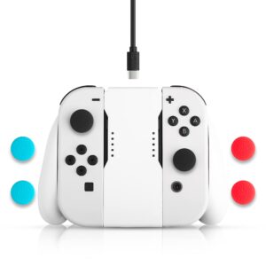 fanpl charging grip controller for nintendo switch & switch oled joy con, grip game accessories with charge indicator, handle grip with 1 m/3.3 ft usb type-c data cable, 6 thumb grip caps (white)