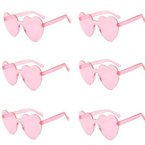 JFTOWN 6 Pairs Pink Heart Shape Rimless Valentines Sunglasses Candy Color Frameless One Piece Love Glasses Tinted Eyewear for Women Party Favor (Pink)