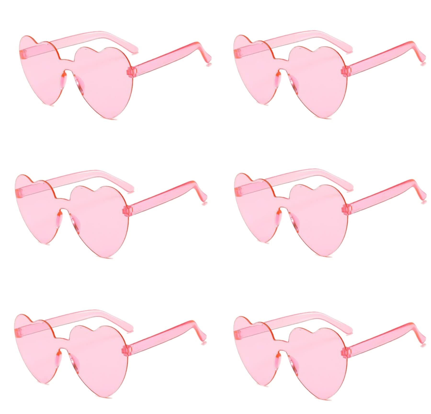 JFTOWN 6 Pairs Pink Heart Shape Rimless Valentines Sunglasses Candy Color Frameless One Piece Love Glasses Tinted Eyewear for Women Party Favor (Pink)