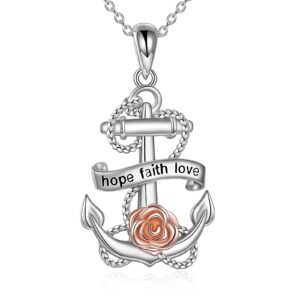 yafeini anchor necklace rose flower pendant necklace 925 sterling silver chain vintage jewelry gifts for women wife couple (rose)