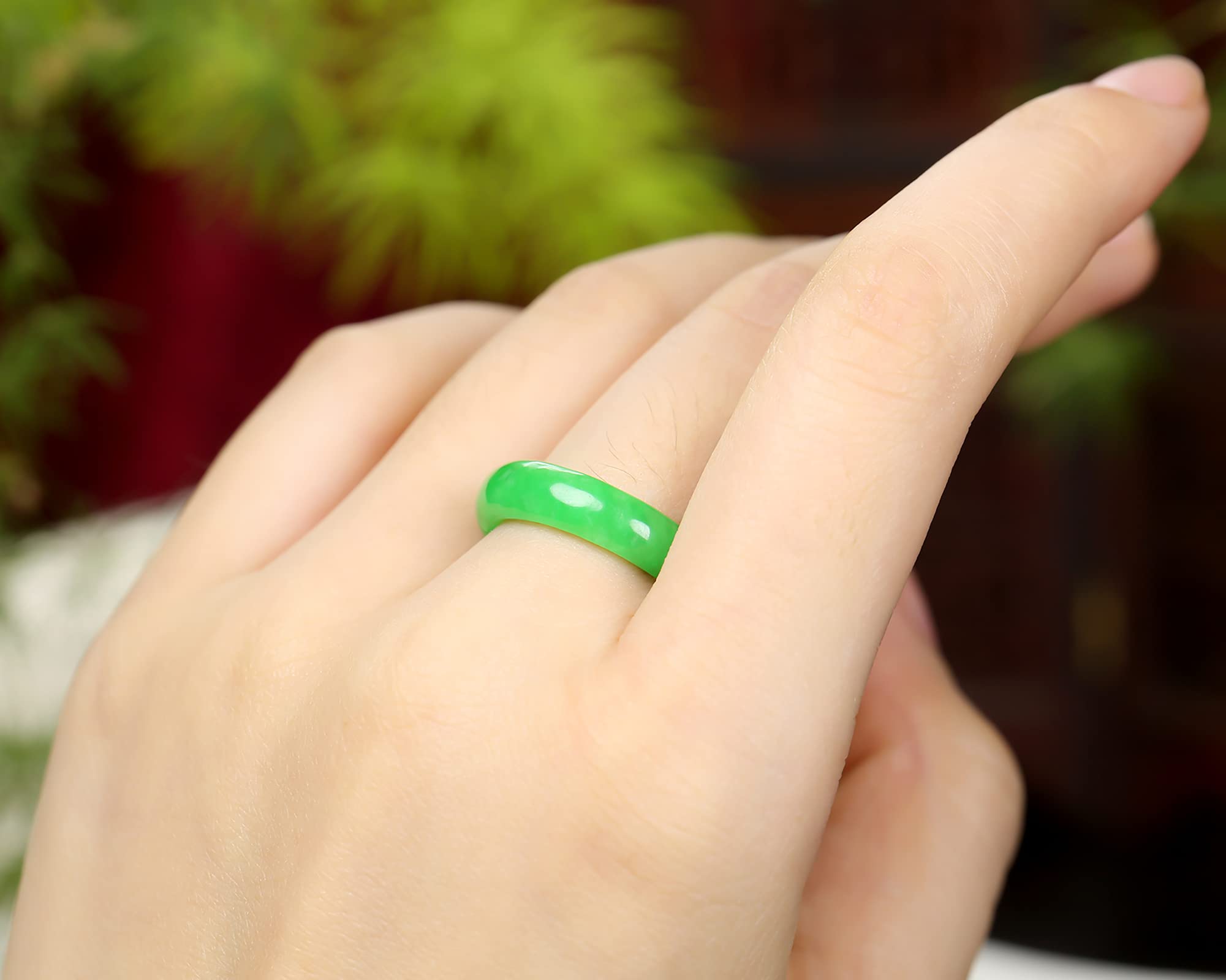 DNTENG Natural Green Jade Band Rings for Women, Good Luck Simple Gemstone Ring Jewelry Gift Custom Engagement Ring, Size 7