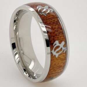 HPJ Beautiful Hawaiian Ocean Sea Turtle With Koa Wood Silver Stainless Steel 8mm Spinner Band Ring men and Women Size 6 - 13 (8), 28