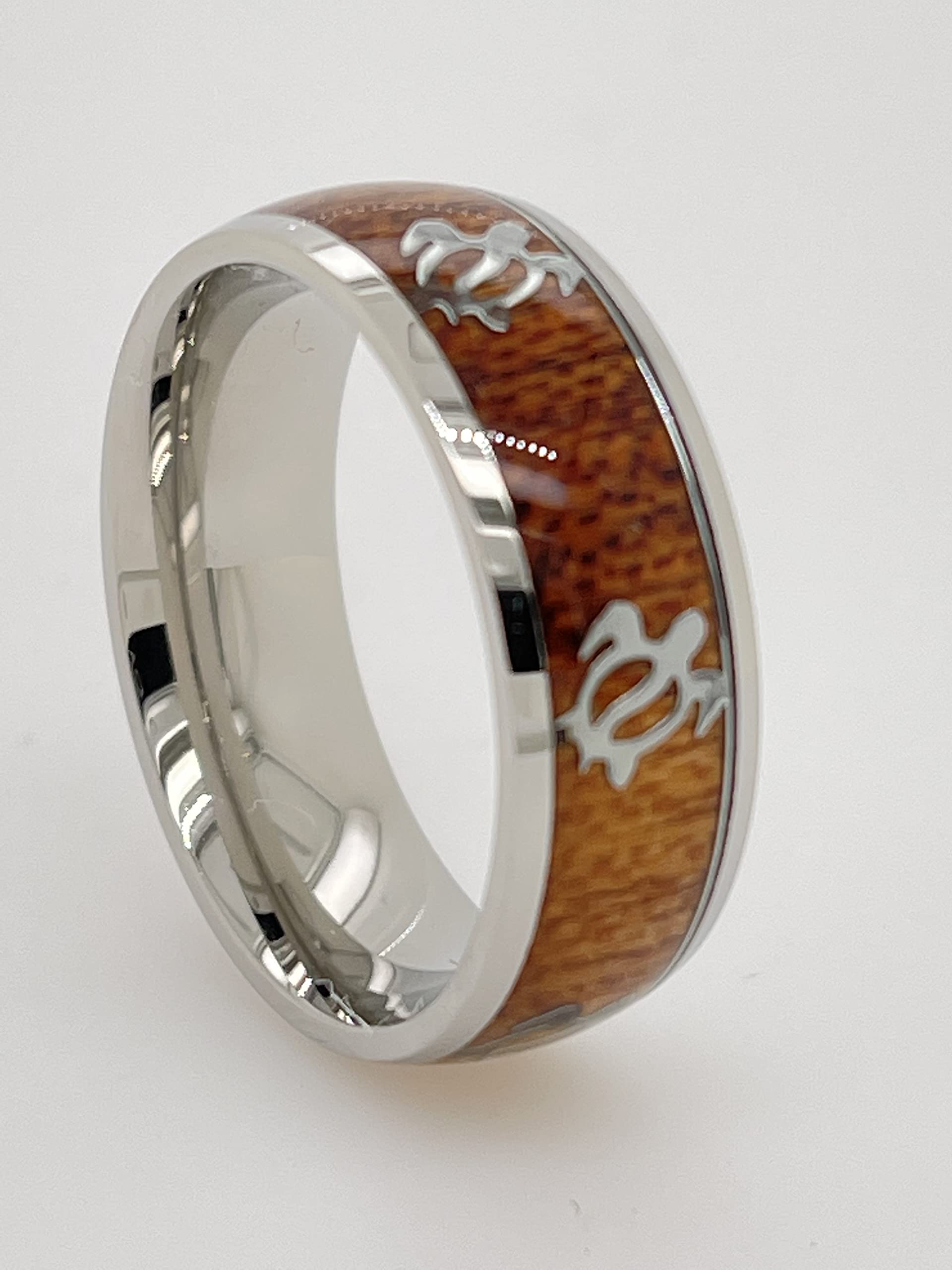 HPJ Beautiful Hawaiian Ocean Sea Turtle With Koa Wood Silver Stainless Steel 8mm Spinner Band Ring men and Women Size 6 - 13 (8), 28