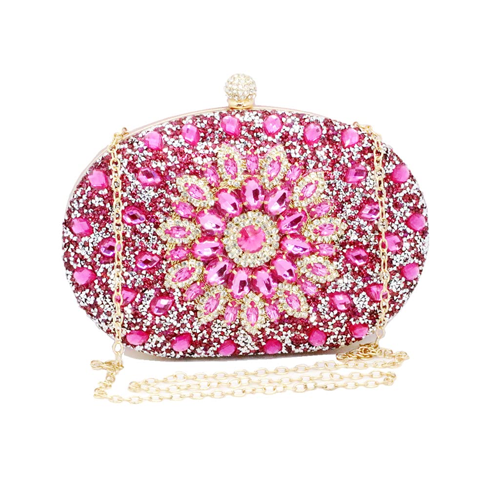 Pink Clutch Purses for Women Rhinestone Crystal Evening Bag Beaded Wedding Flower Handbag (773Fuchsia)