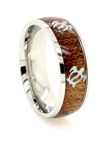 hpj beautiful hawaiian ocean sea turtle with koa wood silver stainless steel 8mm spinner band ring men and women size 6 - 13 (8), 28