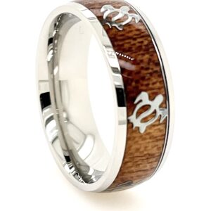 HPJ Beautiful Hawaiian Ocean Sea Turtle With Koa Wood Silver Stainless Steel 8mm Spinner Band Ring men and Women Size 6 - 13 (8), 28